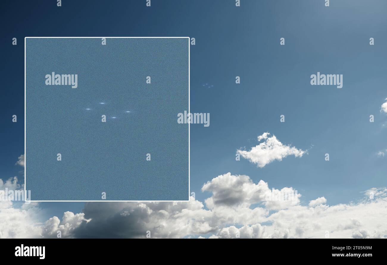 Ufo, spacecraft in sky and alien on camera screen outdoor, surreal ...