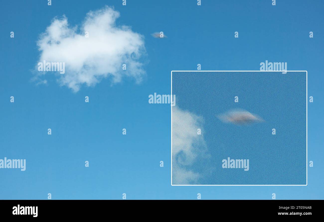 Ufo, spaceship in blue sky and alien on camera screen outdoor, surreal ...