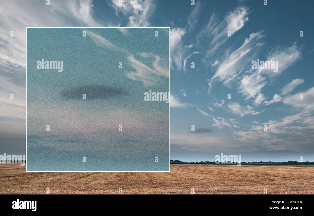 Ufo, spaceship in sky and alien on camera screen outdoor in nature or ...