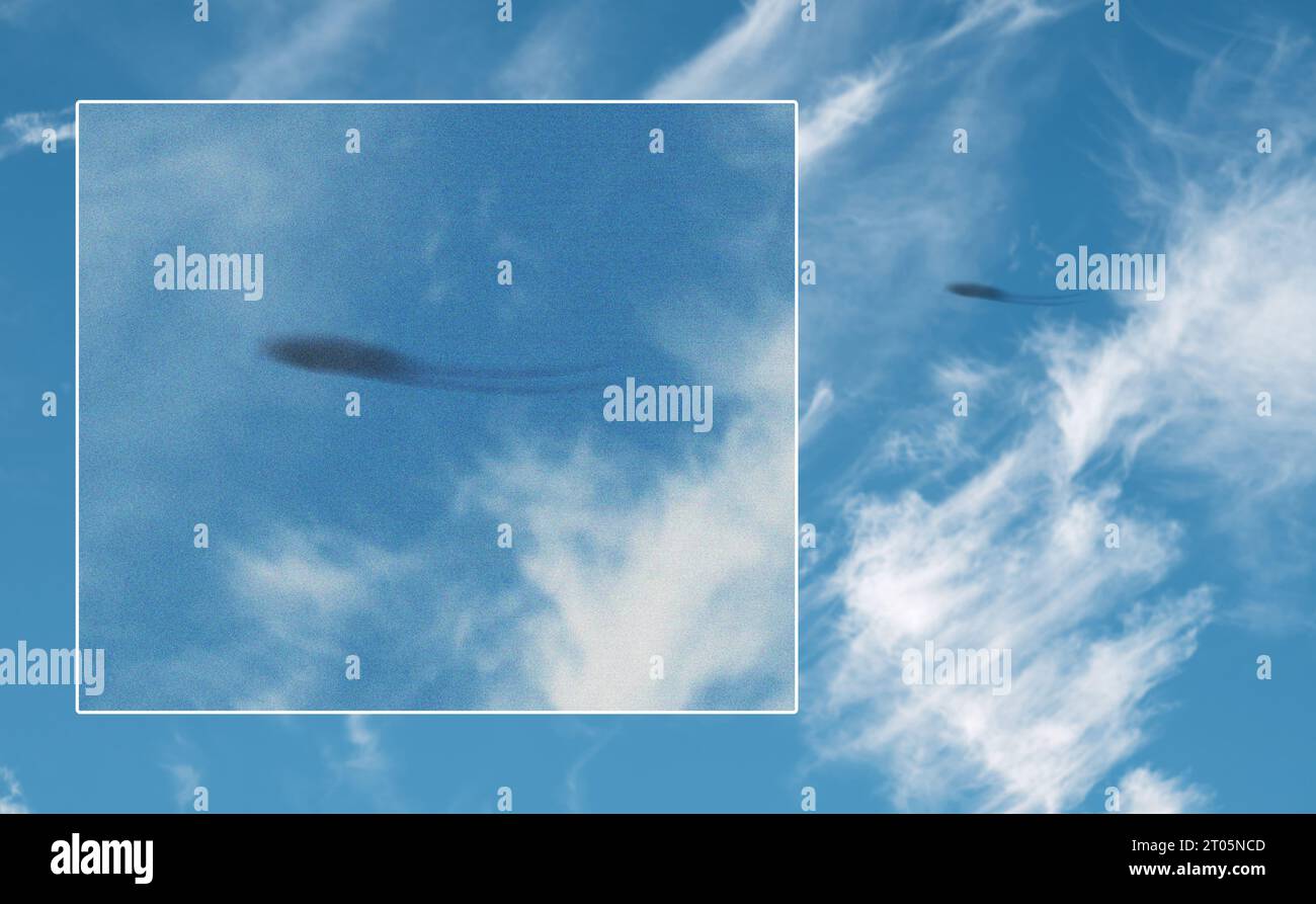 Spacecraft, ufo in sky and alien on camera screen outdoor, science ...