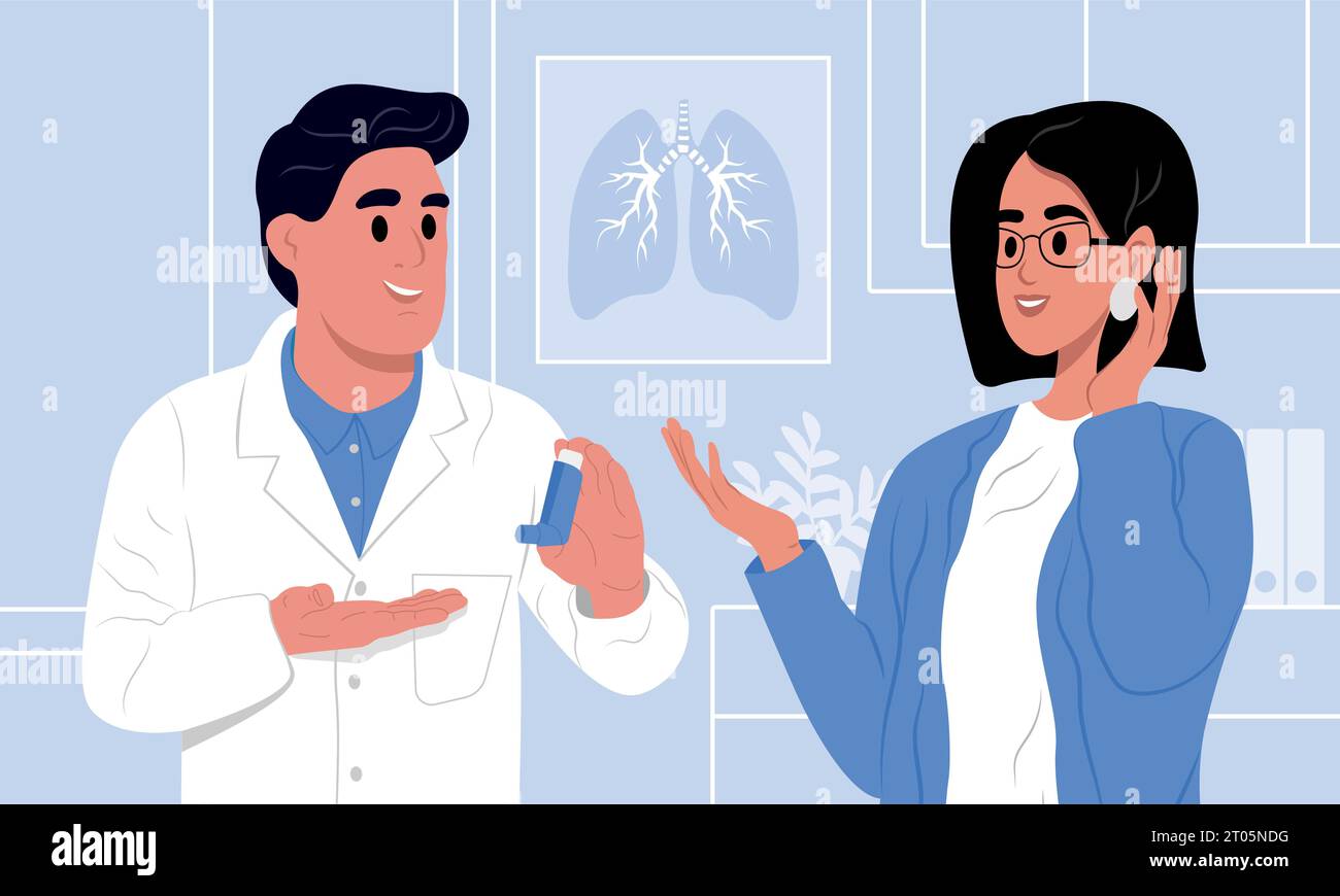 Doctor is telling to her patient how to use inhaler. Allergy, asthmatic ...