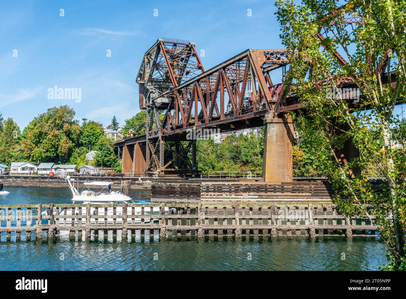 A view of an old rusty train trestle at the Lock in Ballard, Washington ...