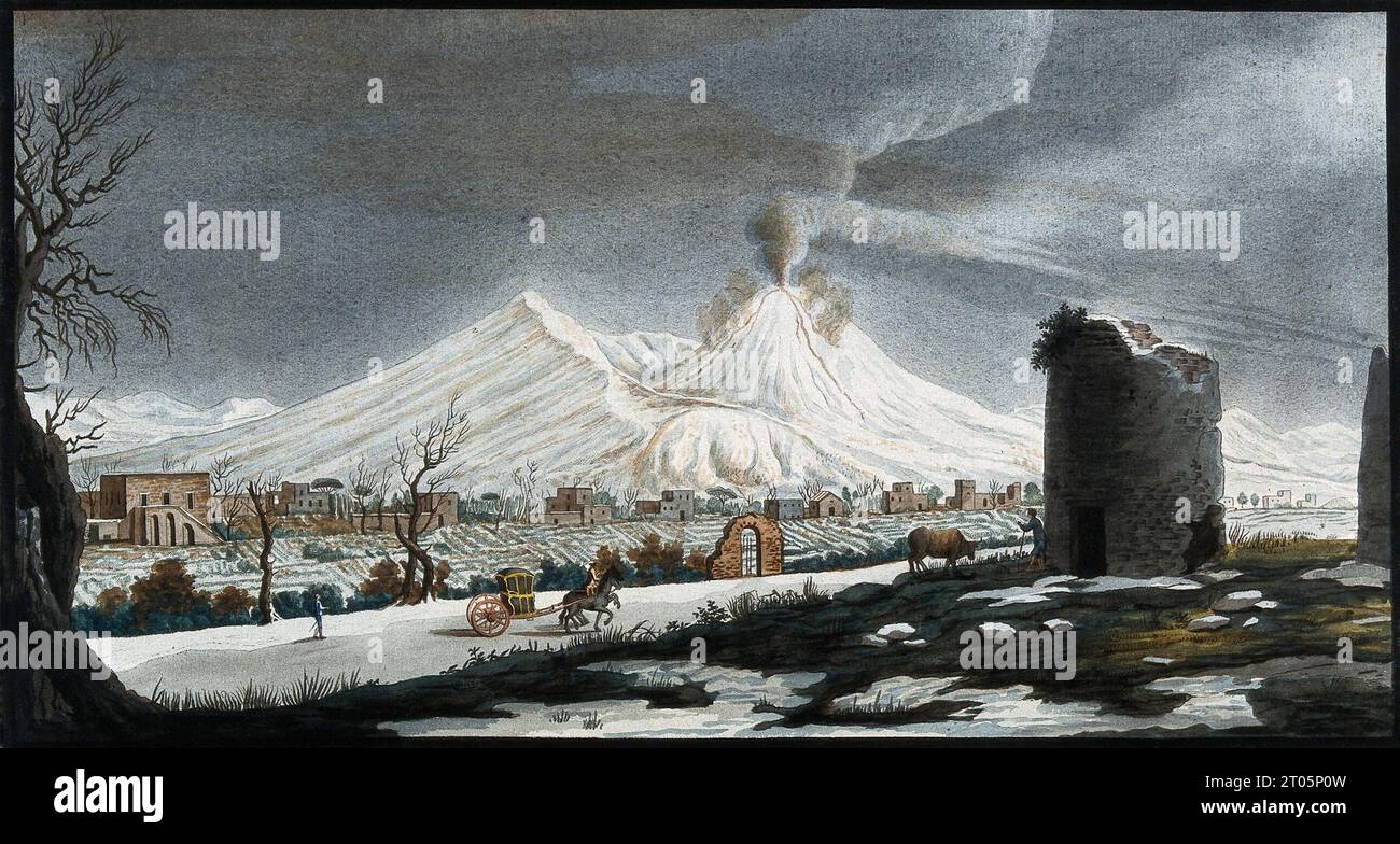 Mount Vesuvius in winter, covered in snow, coloured etching by Pietro ...