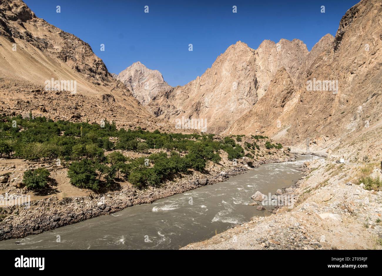 The Panj river going through the scenic valley in the mountains of ...