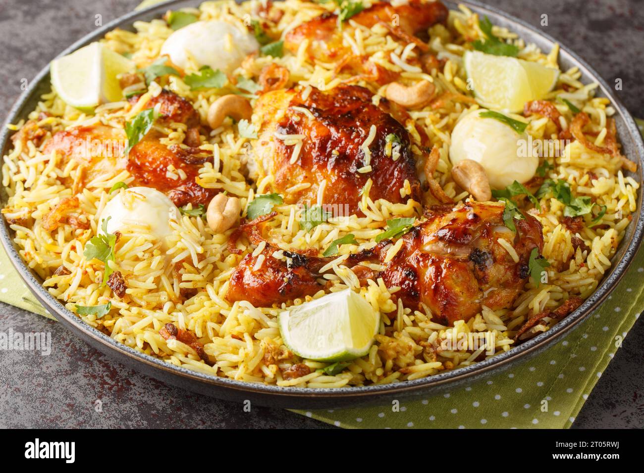 Chicken pulao or Polao with fried onion, egg, nut and raisins closeup ...