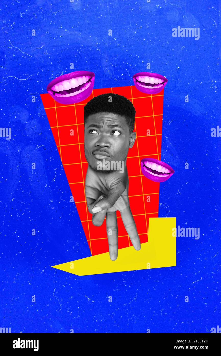 Poster collage retro picture of strange man weird body legs listen ...