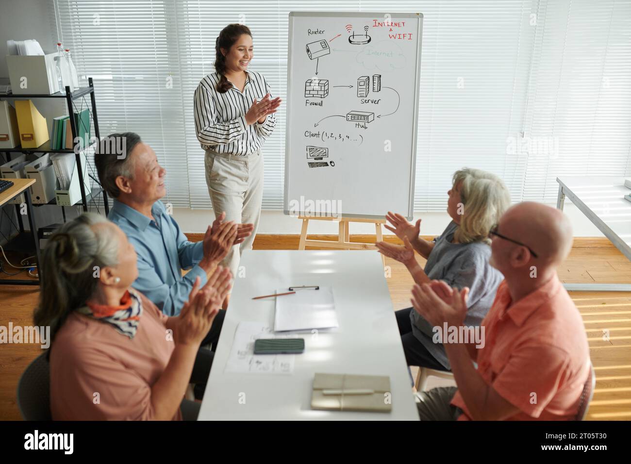 Student and teacher of computer class clapping each other after ...