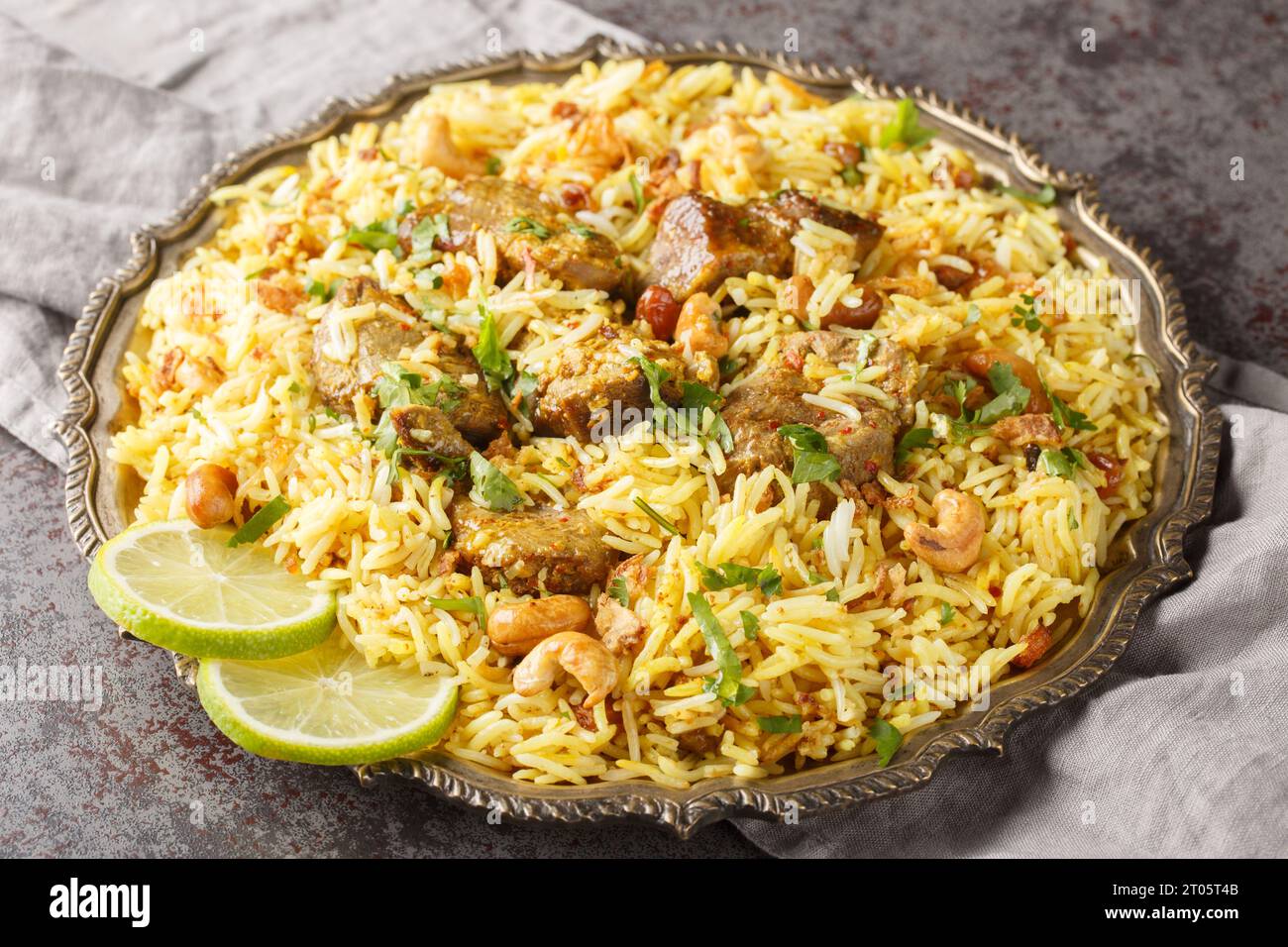 Hot delicious Kacchi Biryani with nuts, raisins, fried onion closeup on ...