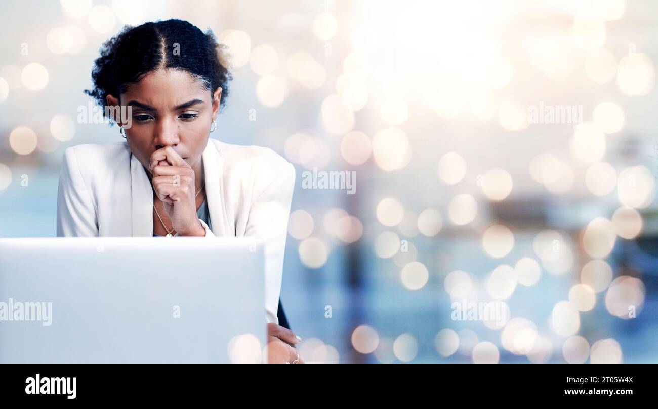 Woman, anxiety and laptop in office with thinking, worry and stress at ...
