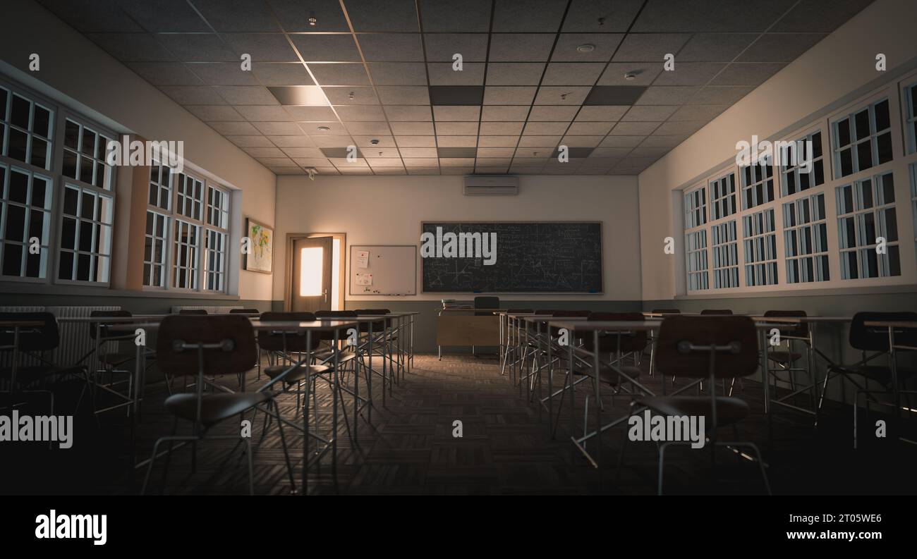 traditional Japanese school classroom interior at night. 3d render ...