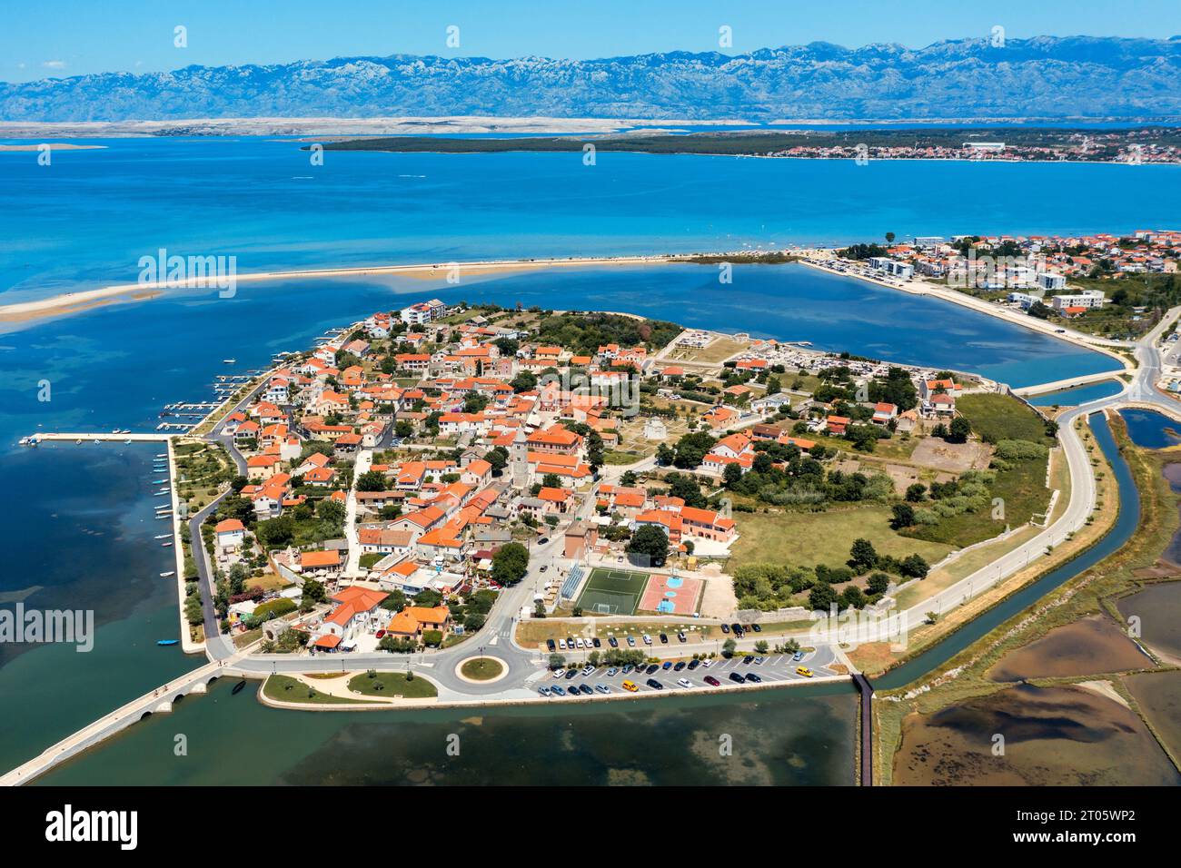 Historic town of Nin laguna aerial view with Velebit mountain ...