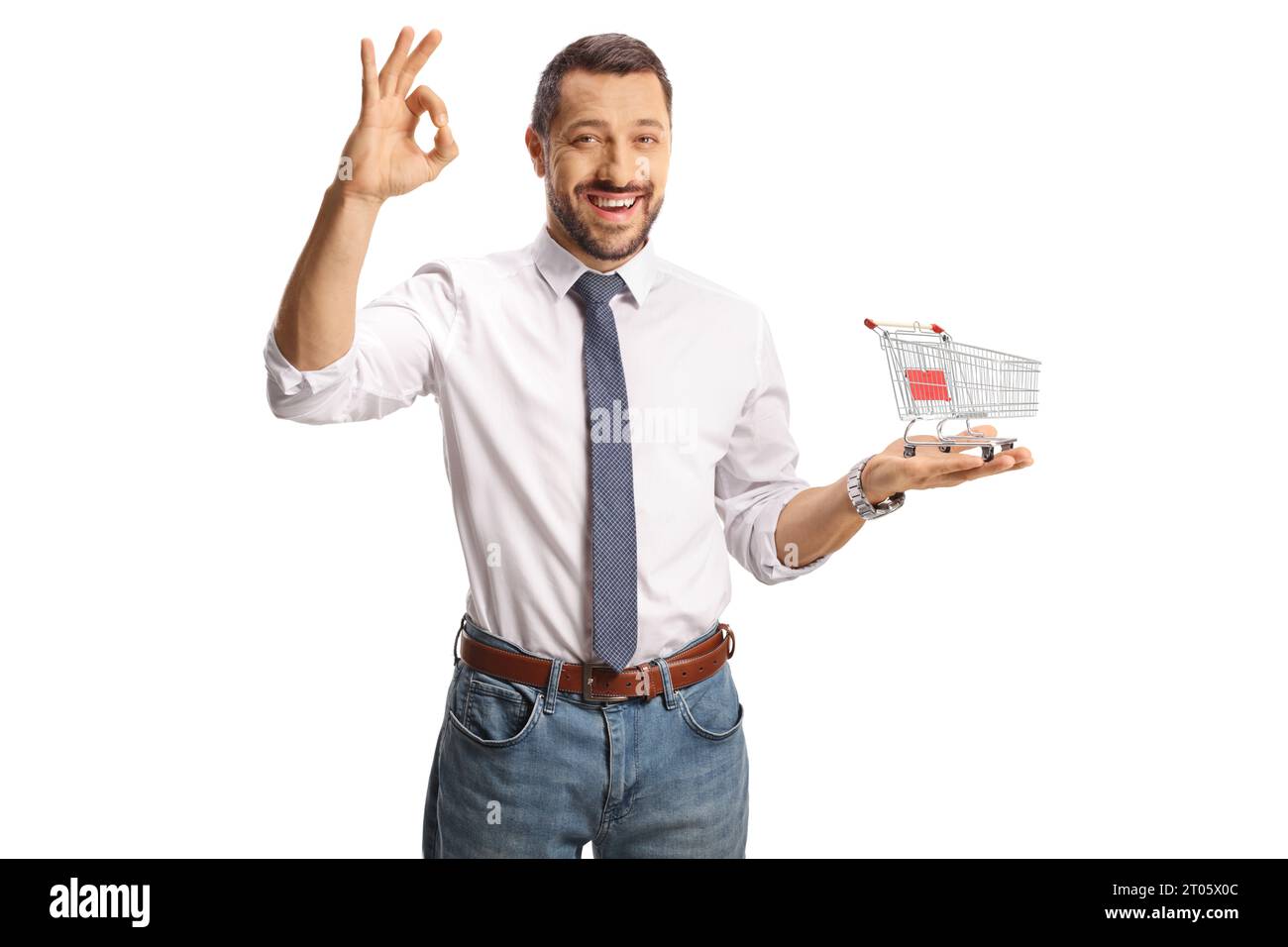 Businessman holding an empty mini shopping cart and gesturing ok sign ...