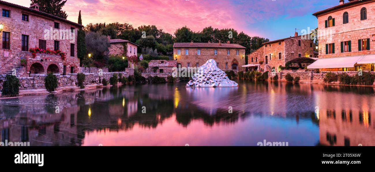 Thermal bath town of Bagno Vignoni, Italy during sunrise. Old thermal ...