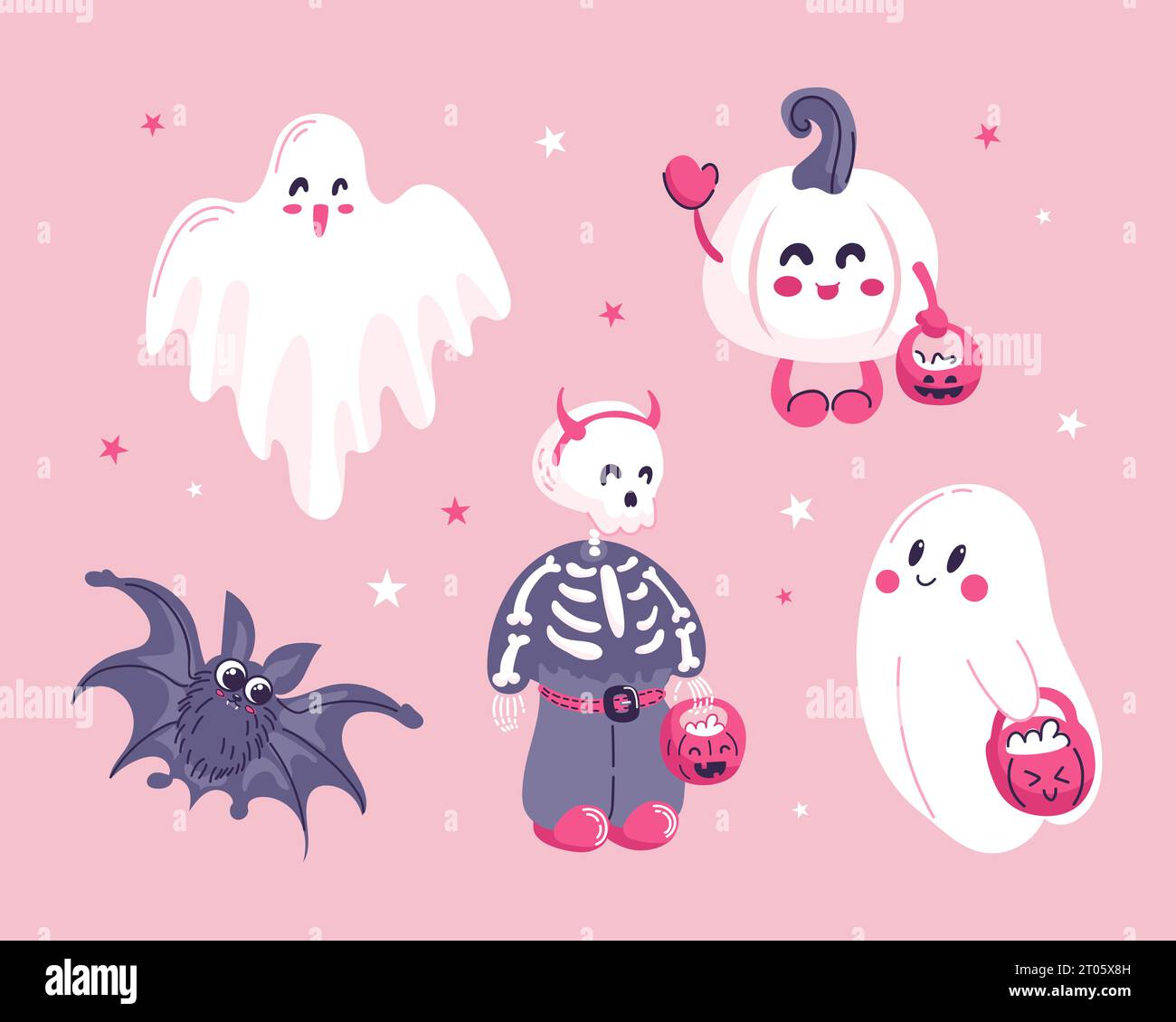 Halloween set. Cute cartoon characters in pink colors. Baby skeleton ...