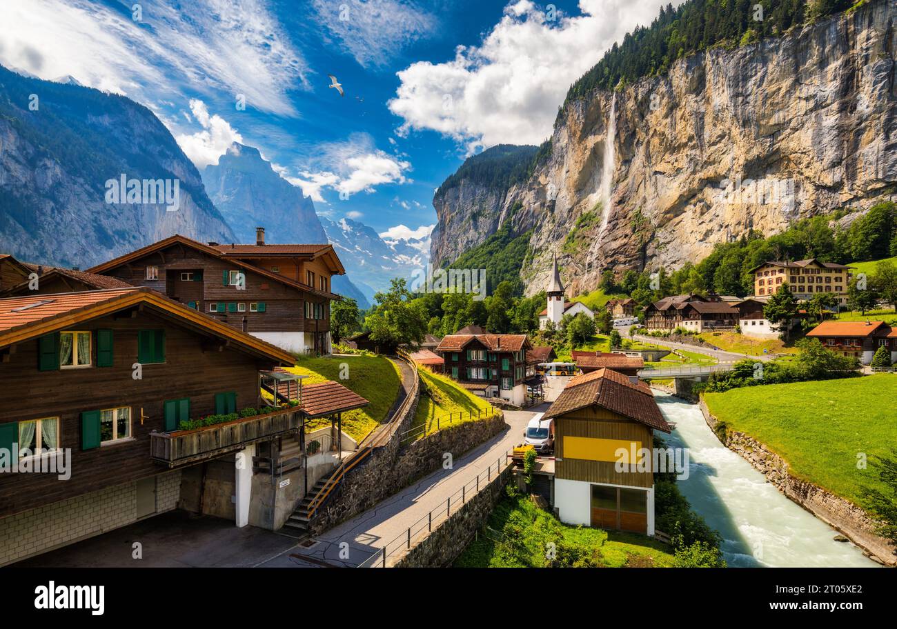 Famous Lauterbrunnen town and Staubbach waterfall, Bernese Oberland ...