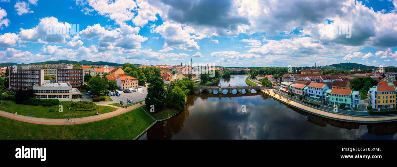 Medieval Town Pisek and historic stone bridge over river Otava in the ...