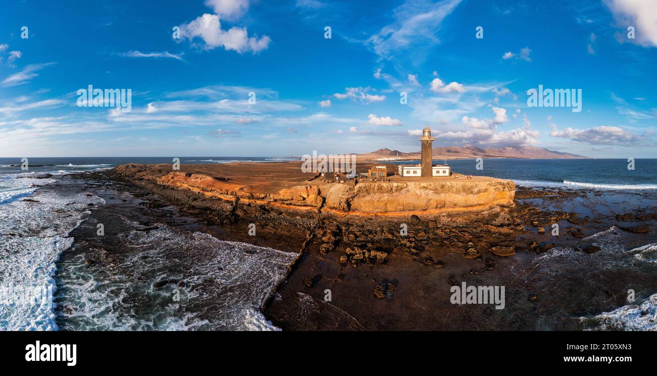 Punta de Jandia lighthouse from above, aerial blue sea, Fuerteventura ...