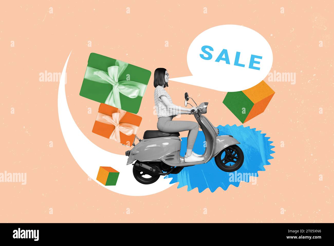 Collage artwork graphics picture of funky lady riding moped delivering ...