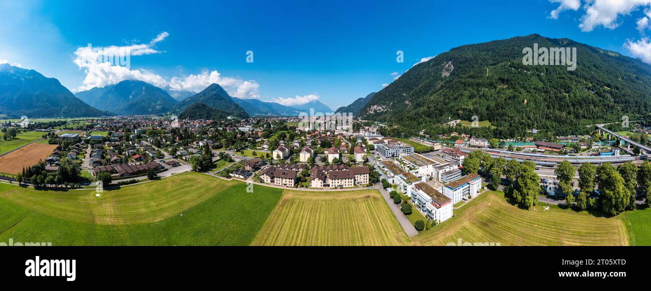 Aerial view over the city of Interlaken in Switzerland. Beautiful view ...