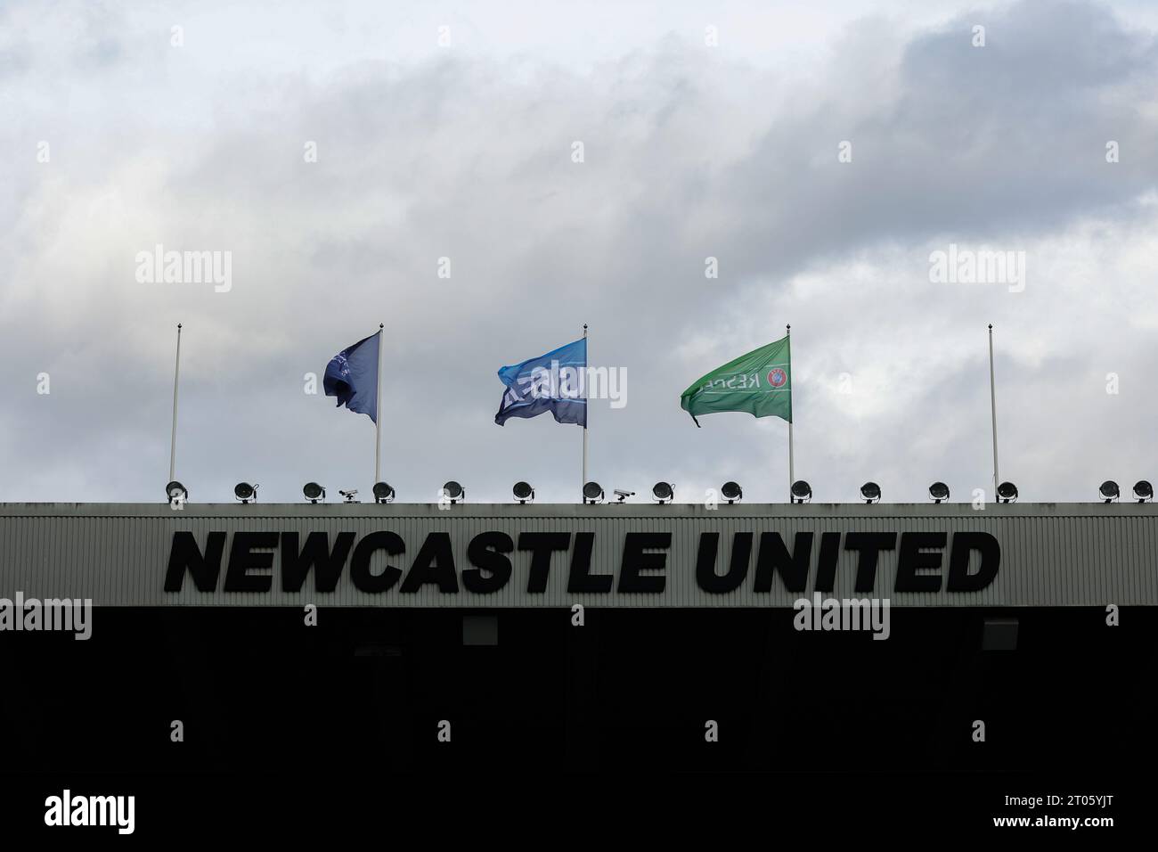 UEFA flags fly in the win ahead of the UEFA Champions League match ...