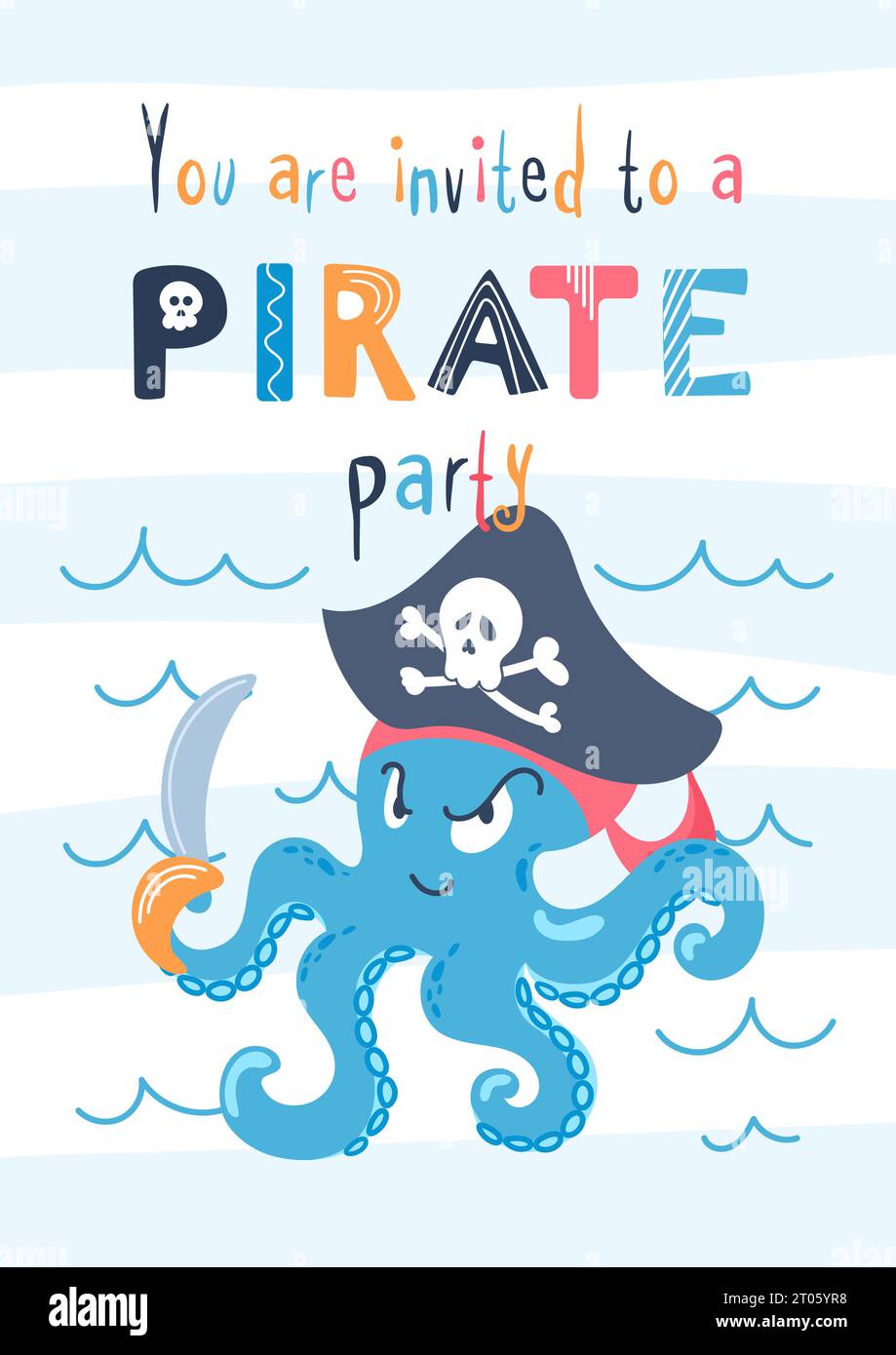 Cute sea octopus sailor with saber in a cocked hat. Party invitation ...