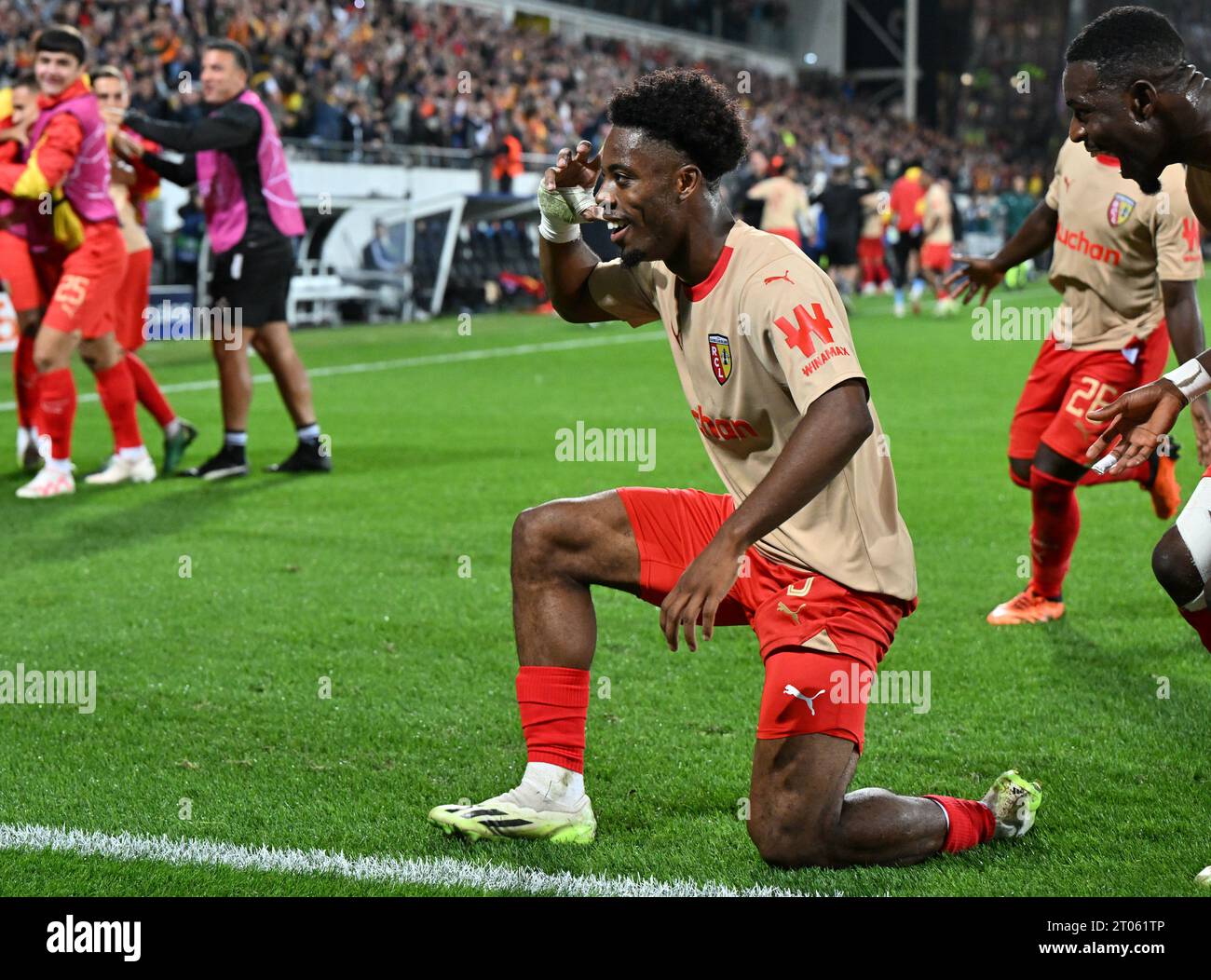 Elye Wahi (9) of RC Lens celebrates after scoring the 2-1 goal during ...