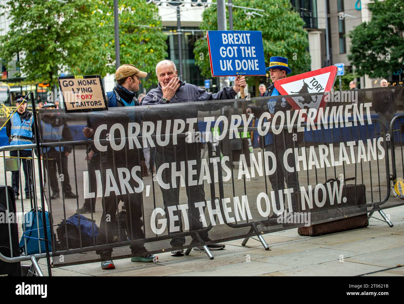 Signs made by protesters against the Tory Government MANCHESTER ...