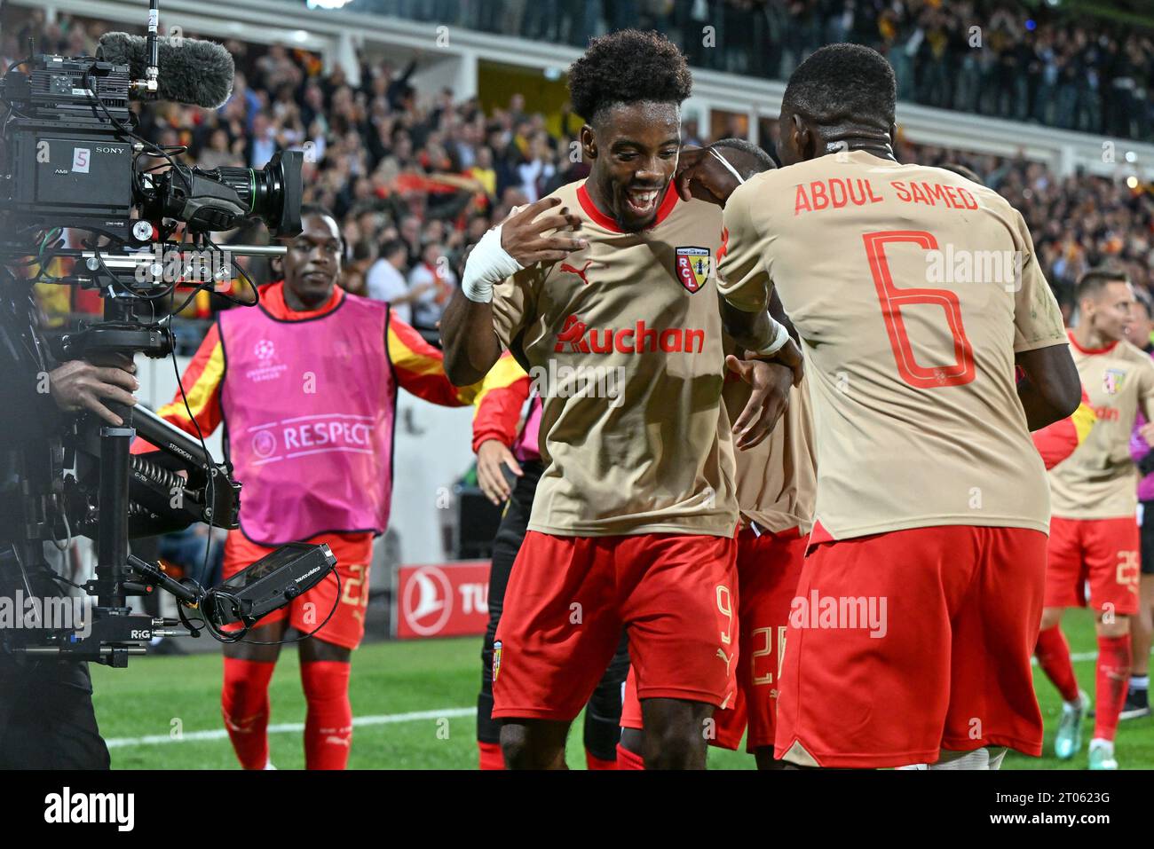 Elye Wahi (9) of RC Lens celebrates after scoring the 2-1 goal during ...