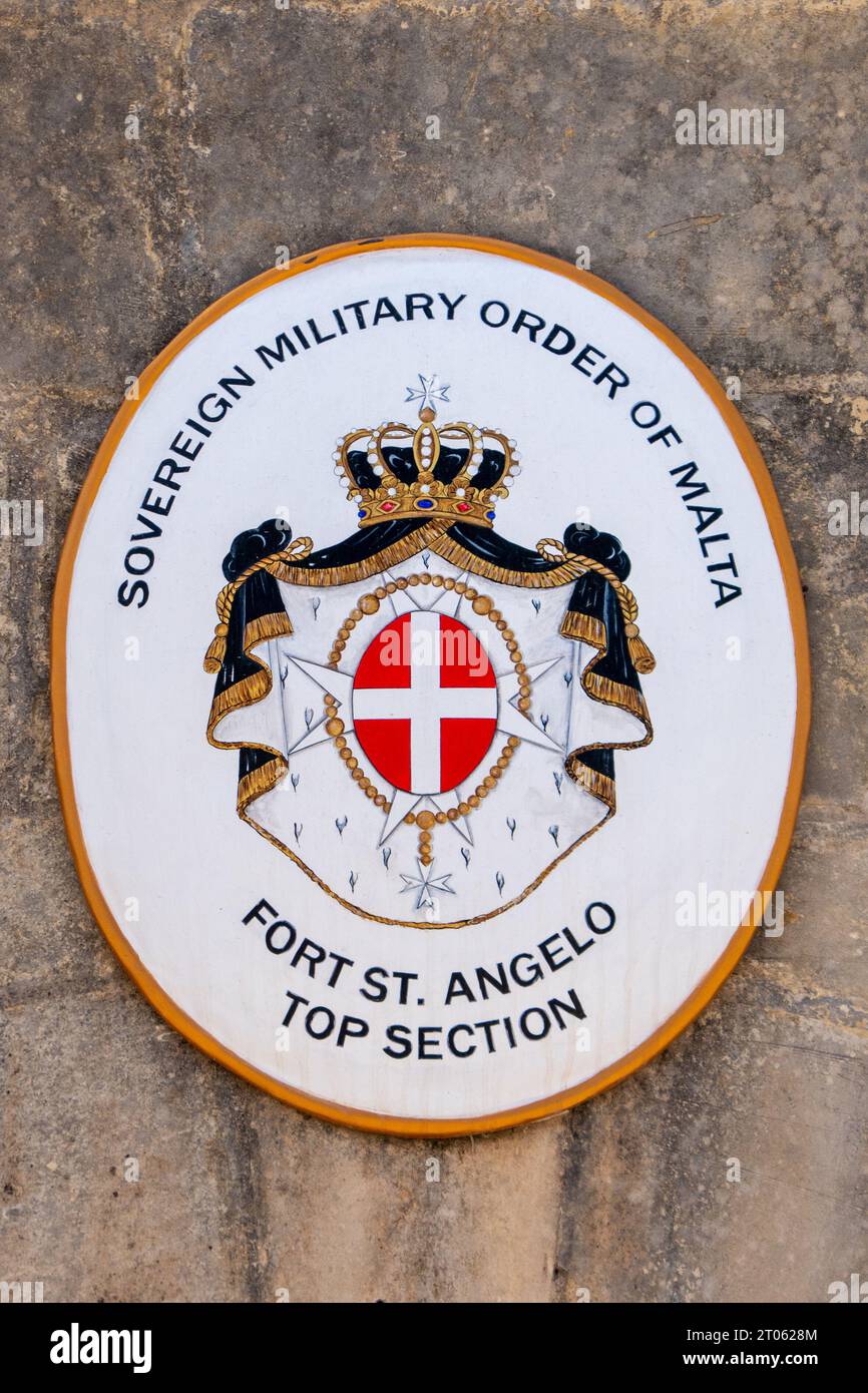 Birgu, Malta, May 1, 2023. Diplomatic crest of the Order of Malta above ...