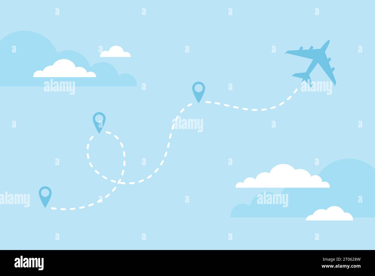 Flying airplane and dashed line flight route with map pin icons on a ...
