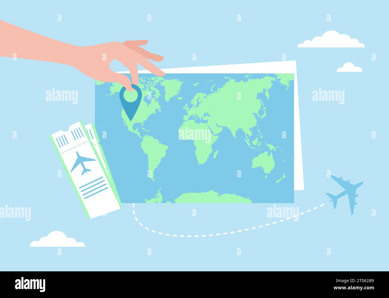 Hand putting pin icon on world map, airline tickets and airplane flying ...