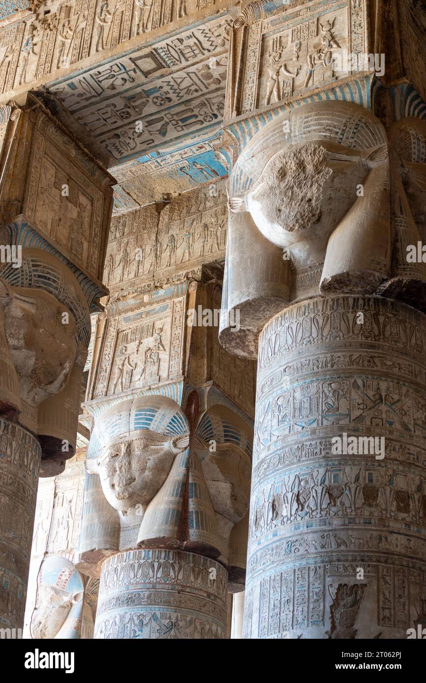 Columns with symbols and hieroglyphs in Dendera temple complex, Dendera ...