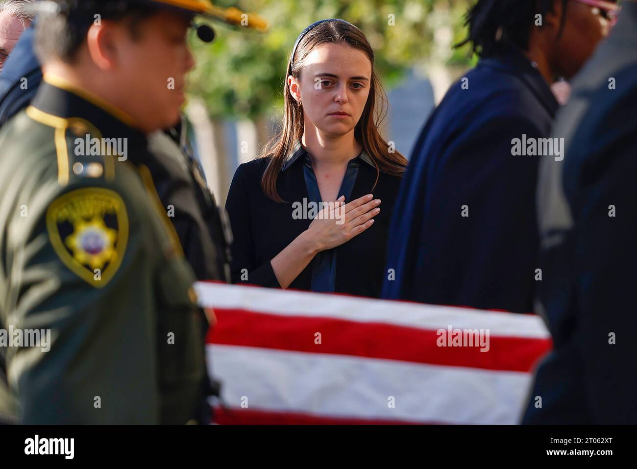U.S. Sen. Dianne Feinstein's granddaughter, Eileen Mariano, greets the body of the late senator ...