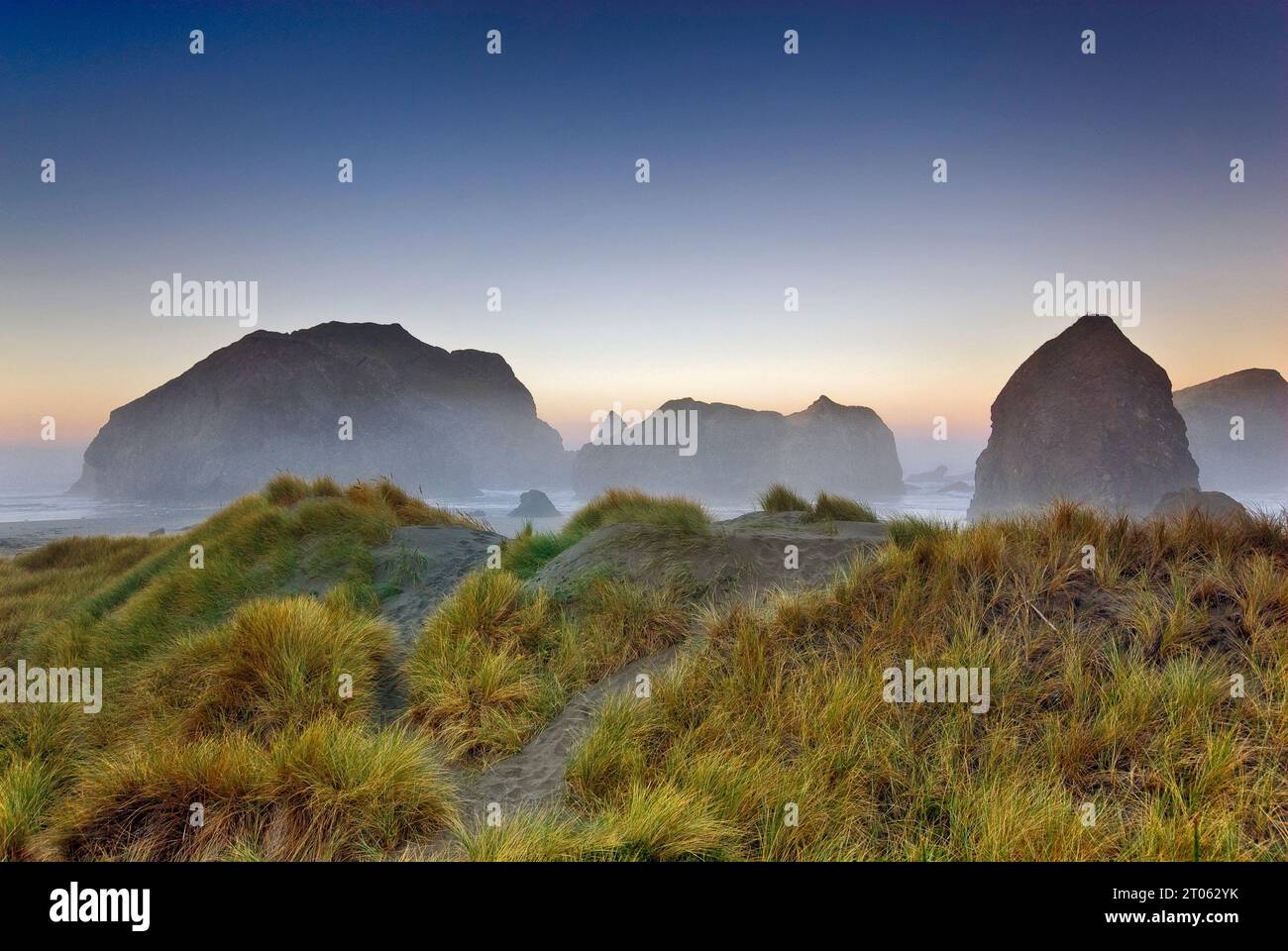 Rocks on Meyers Creek Beach in Pistol River State Park shrouded in fog ...