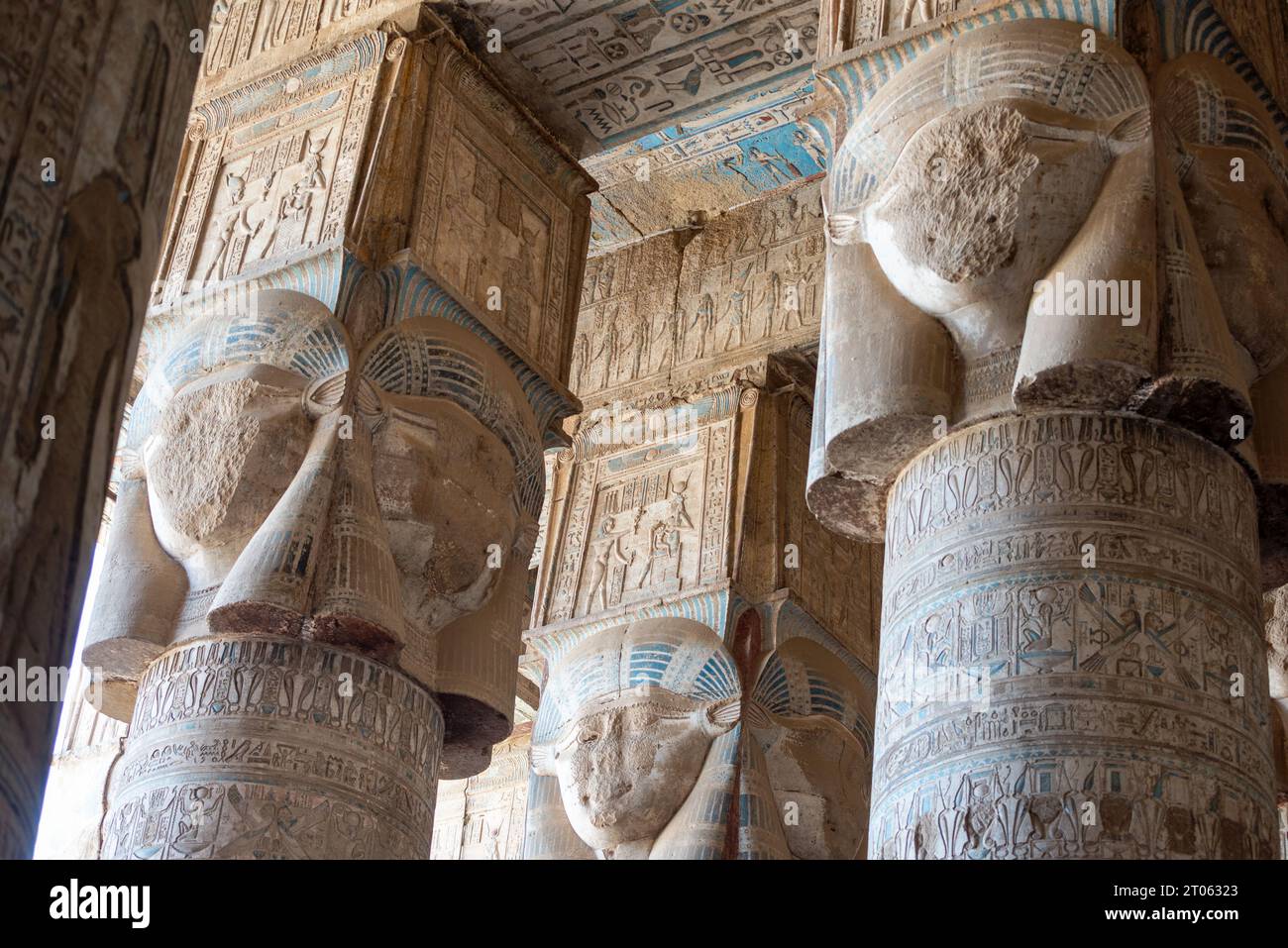 Columns with symbols and hieroglyphs in Dendera temple complex, Dendera ...