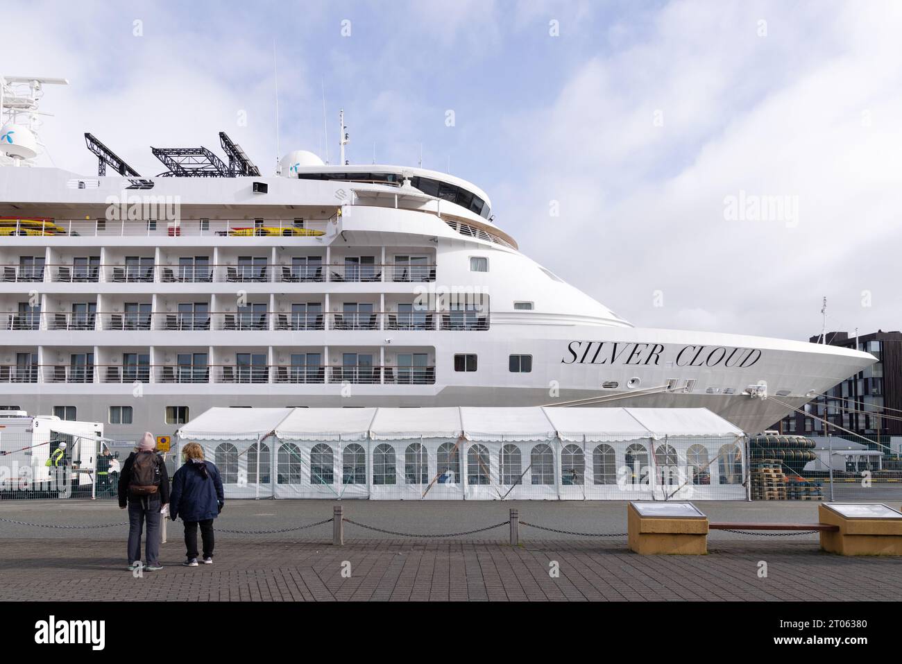 The Silversea Cruise line ship Silver Cloud, the first ship in the fleet, moored in Reykjavik ...