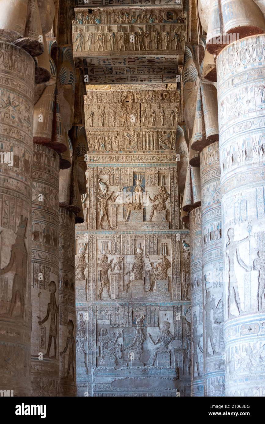 Columns with symbols and hieroglyphs in Dendera temple complex, Dendera ...
