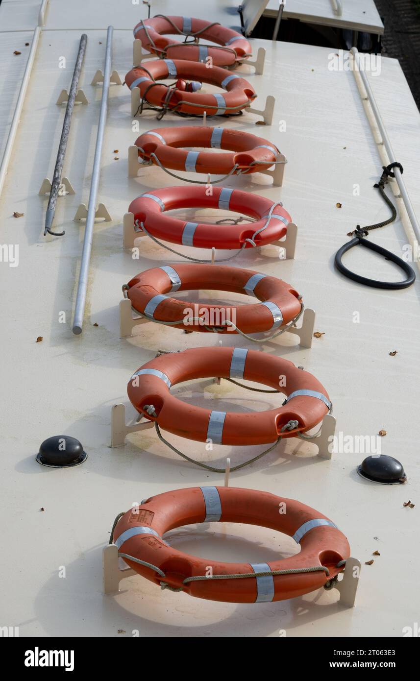 Lifebuoys on a trip boat, Stratford-upon-Avon, Warwickshire, England ...