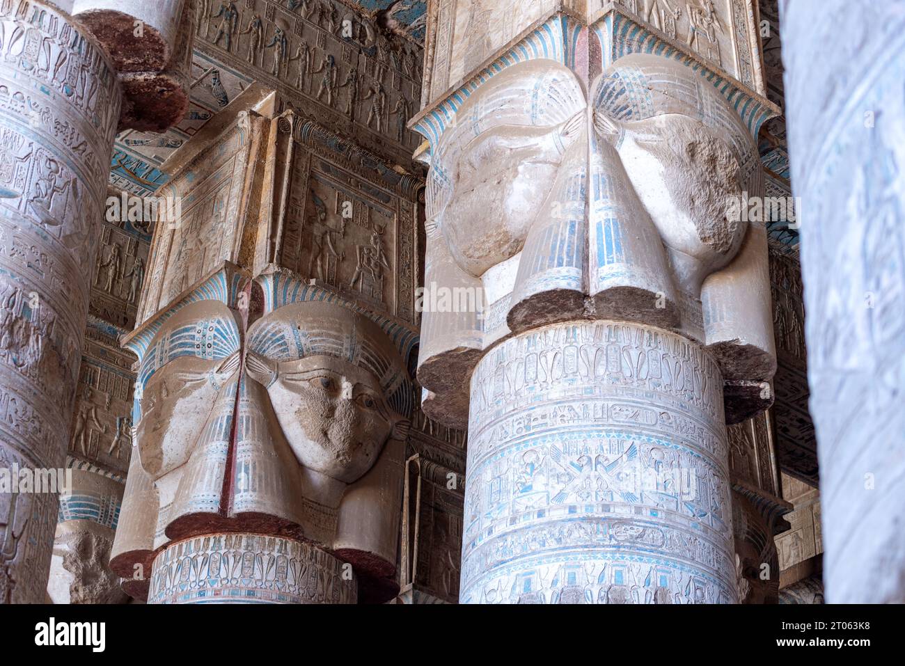 Columns with symbols and hieroglyphs in Dendera temple complex, Dendera ...
