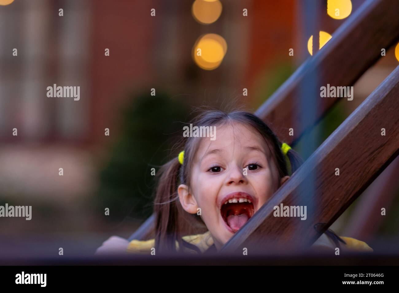 Portrait of delightful little girl with brown hair tied up in two ...