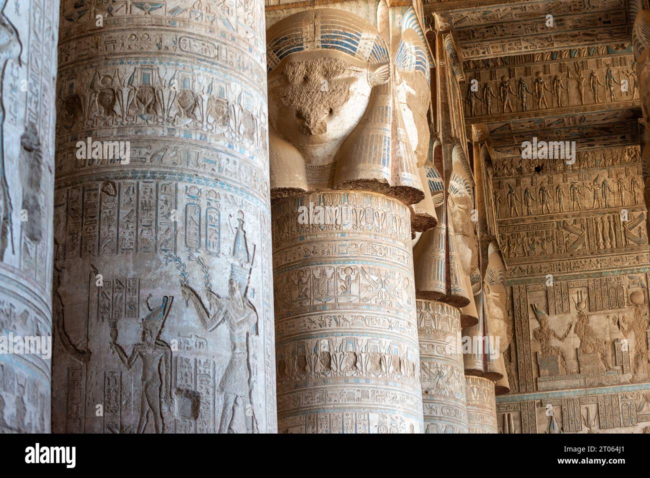 Columns with symbols and hieroglyphs in Dendera temple complex, Dendera ...