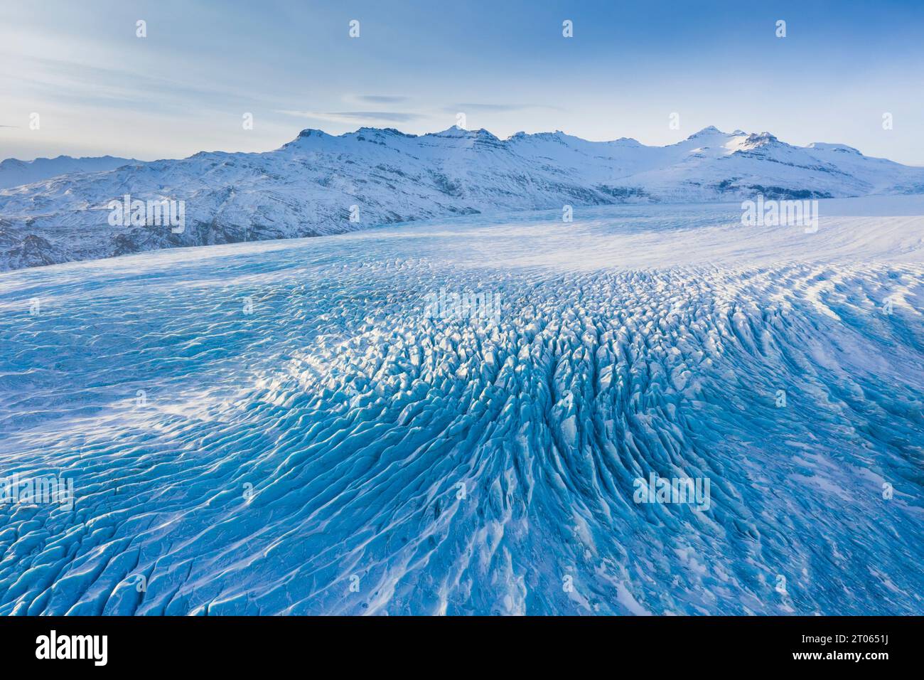 Aerial view over ice tongue Falljökull in winter, one of many outlet ...