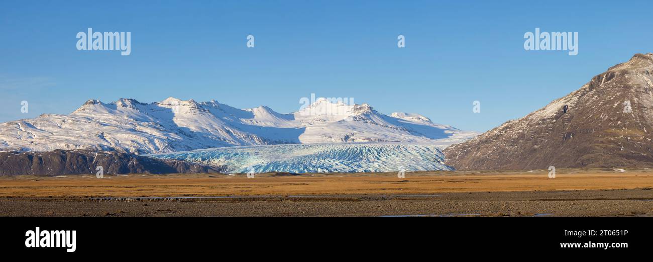 Aerial view over ice tongue Falljökull in winter, one of many outlet ...