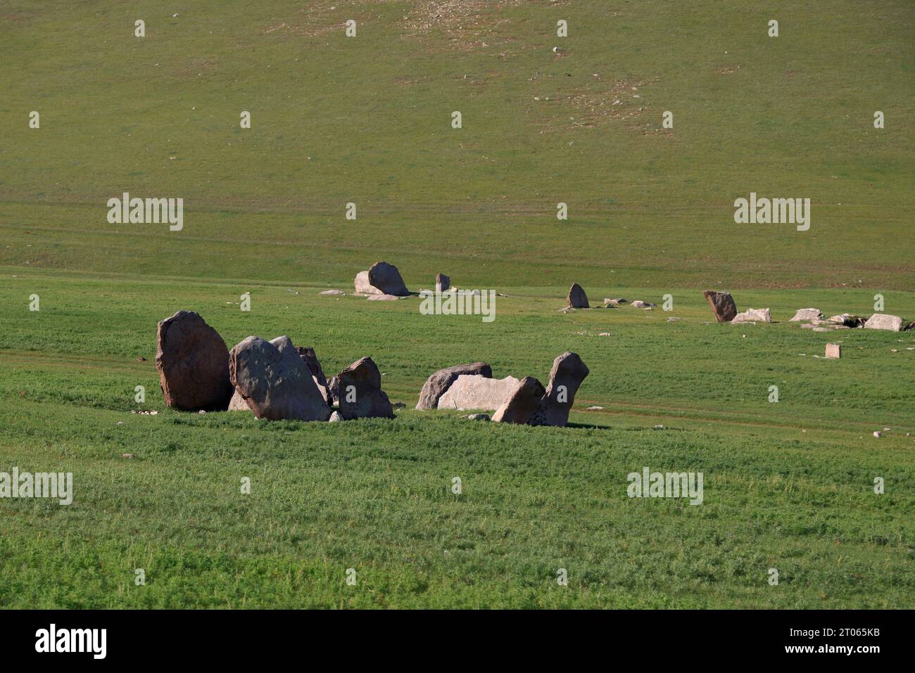 Deer stone monuments and square graves of Temeen Chuluu, Mongolia Stock ...