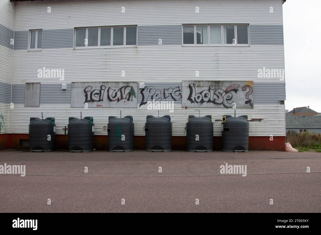 Recycling bins in front of an apartment building in St. Pierre, France ...