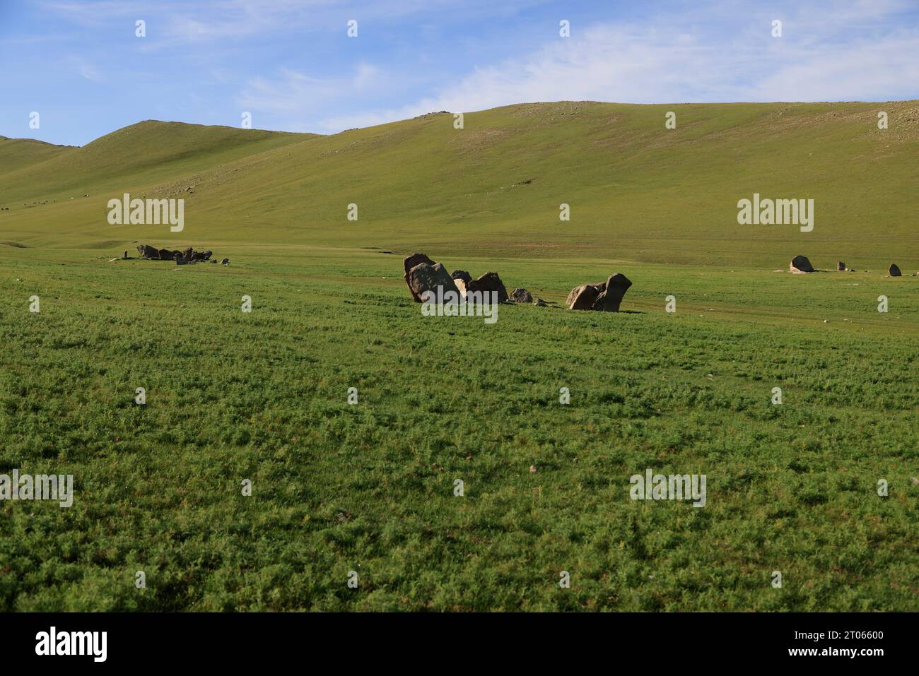 Deer stone monuments and square graves of Temeen Chuluu, Mongolia Stock ...