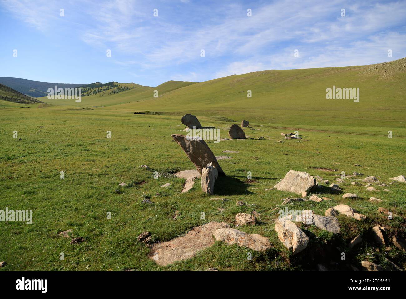 Deer stone monuments and square graves of Temeen Chuluu, Mongolia Stock ...