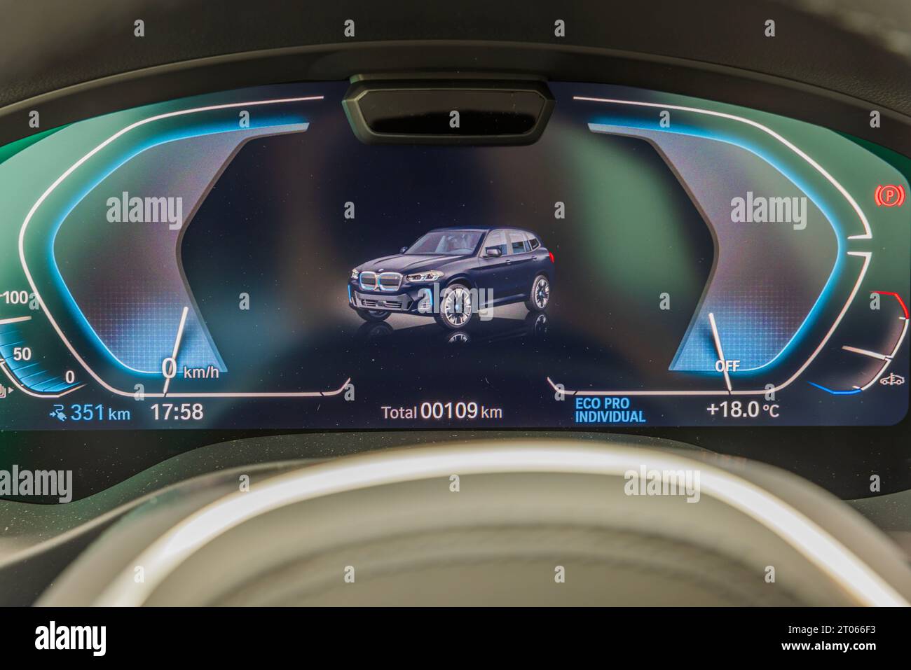 Close-up view of speedometer design on new BMW iX3 M-sport electric car ...
