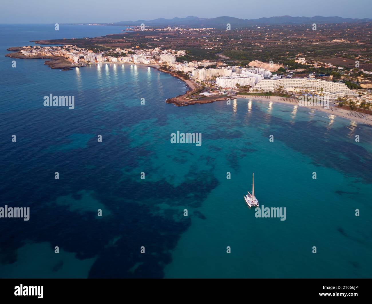 Aerial view from drone of coastal resort hotels with yachts before ...