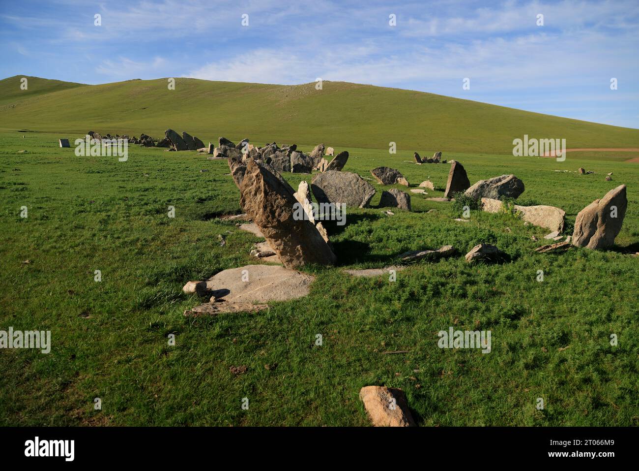 Deer stone monuments and square graves of Temeen Chuluu, Mongolia Stock ...